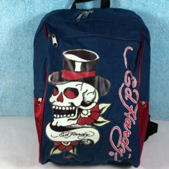 Ed Hardy | Bags | Ed Hardy Designs Rare Backpack Red Blue Skull Top Hat ...